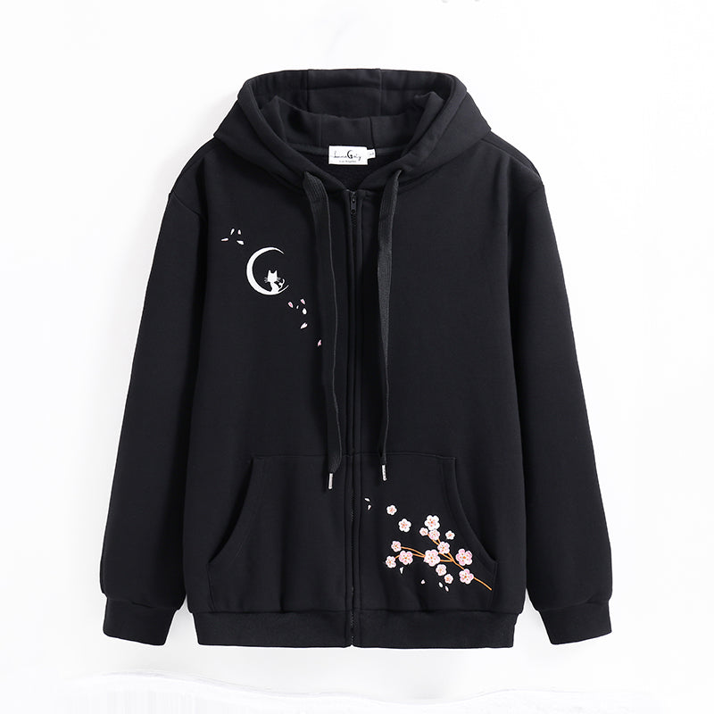 Hanami "See the Flowers" Black Zip Up Hoodie with Sakura and Cat Embro ...