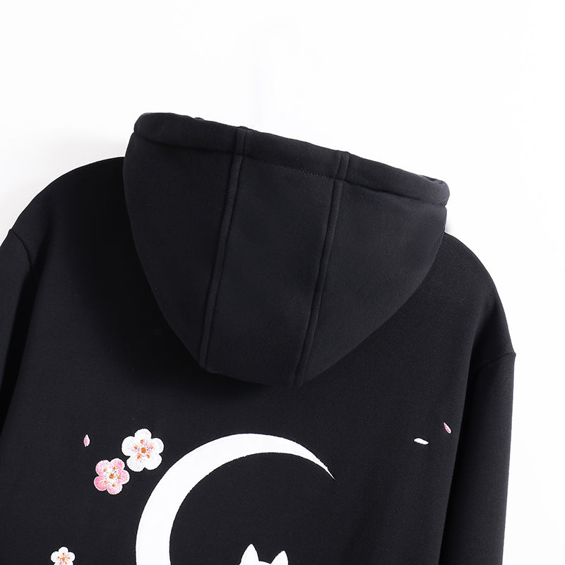 Hanami "See the Flowers" Black Zip Up Hoodie with Sakura and Cat Embro ...