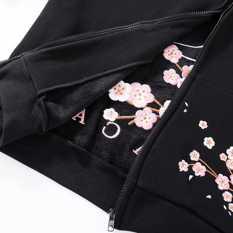 Hanami "See the Flowers" Black Zip Up Hoodie with Sakura and Cat Embro ...
